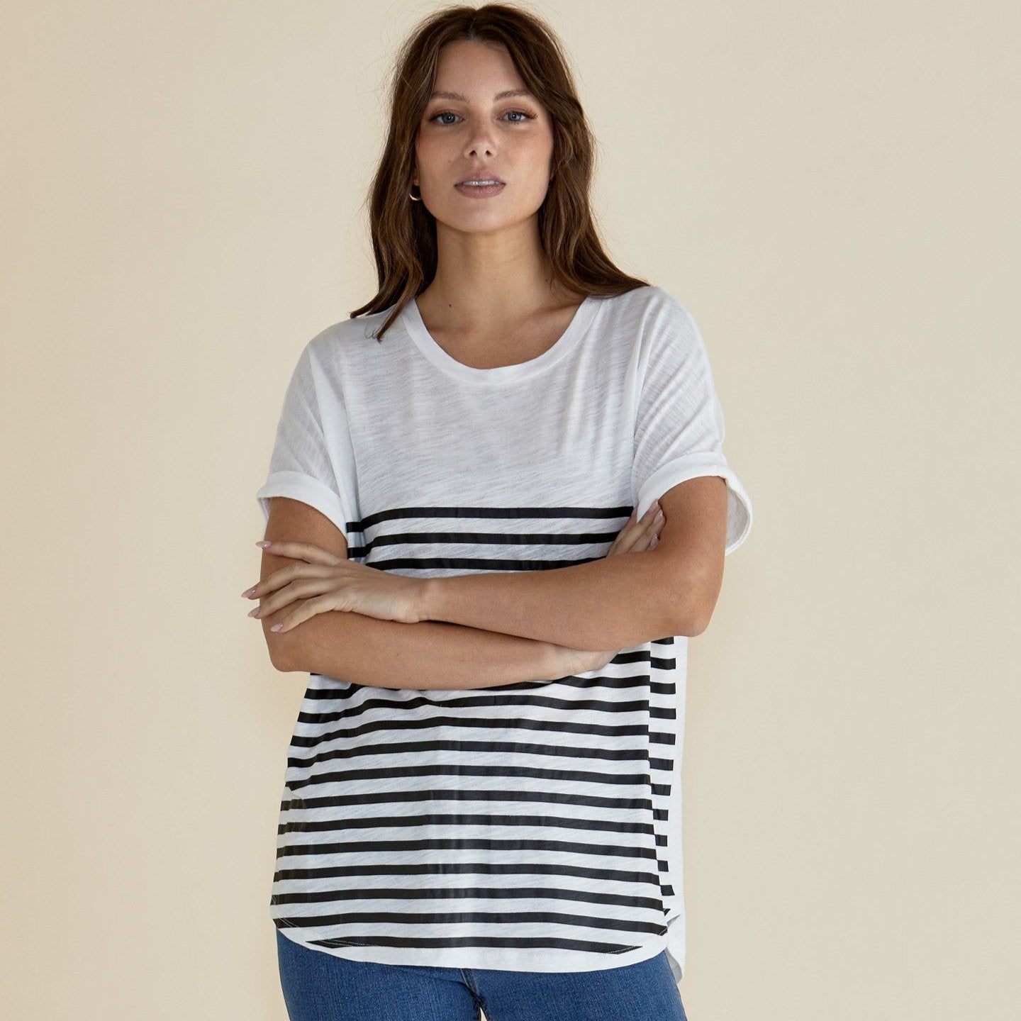 Betty Basics Hailey Short Sleeve Tee in White/Black | Bear & Moo